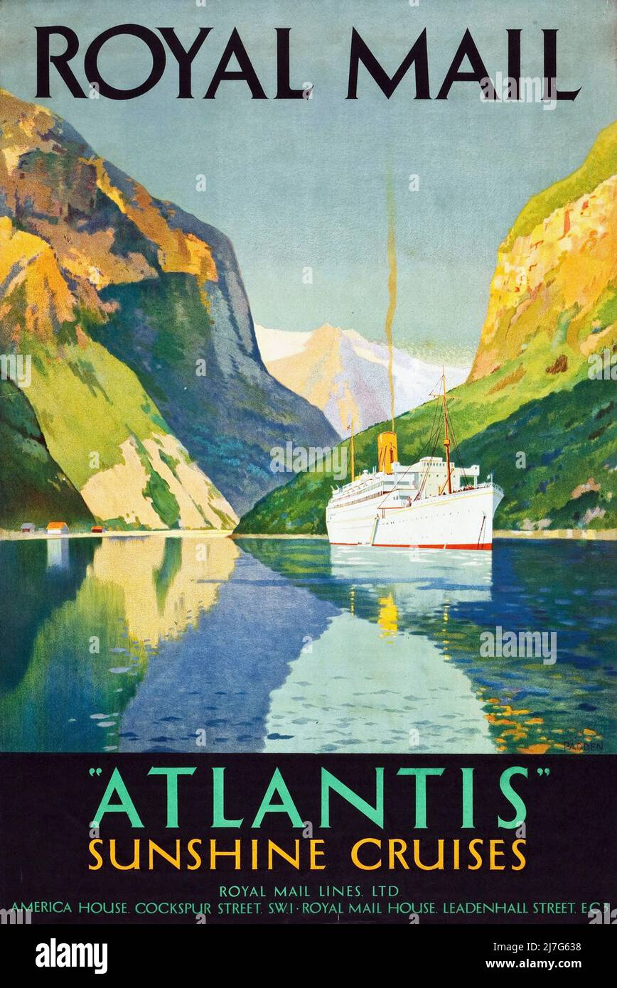 Vintage 1930s Travel Poster - Atlantis Sunshine Cruises. Royal Mail ...