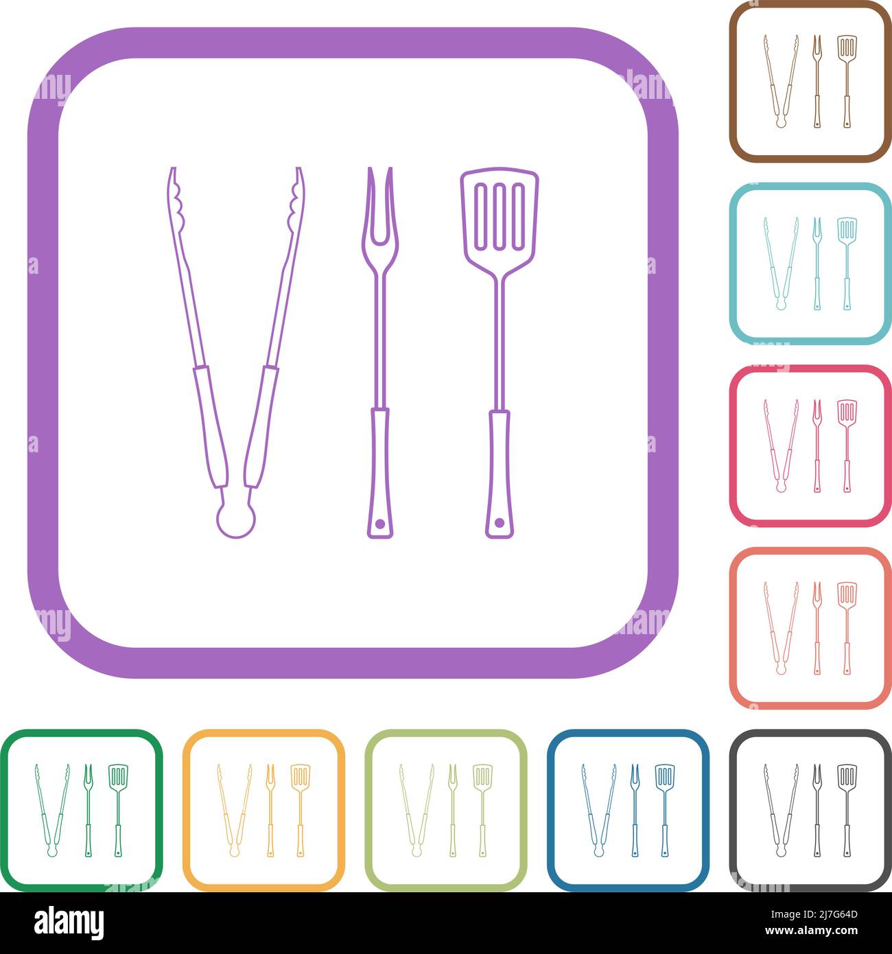barbecue tools, tongs fork and spatula outline simple icons in color ...