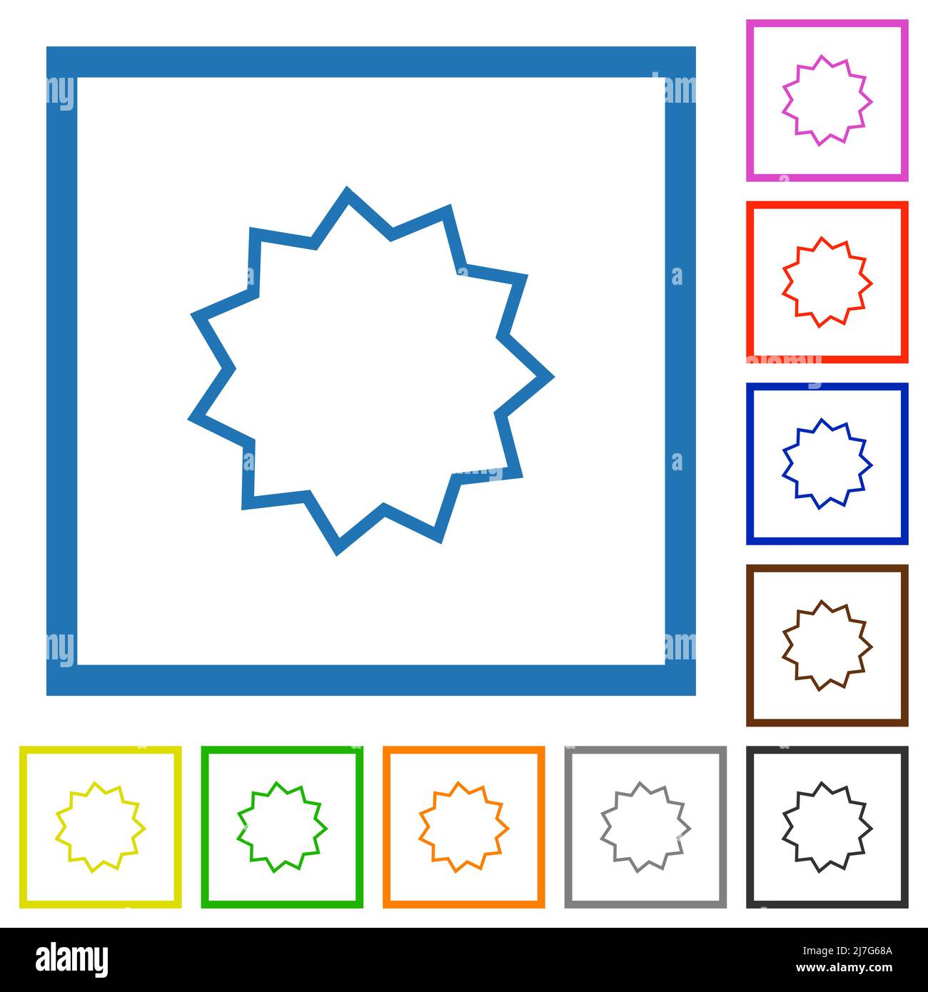 Certificate sticker outline flat color icons in square frames on white ...
