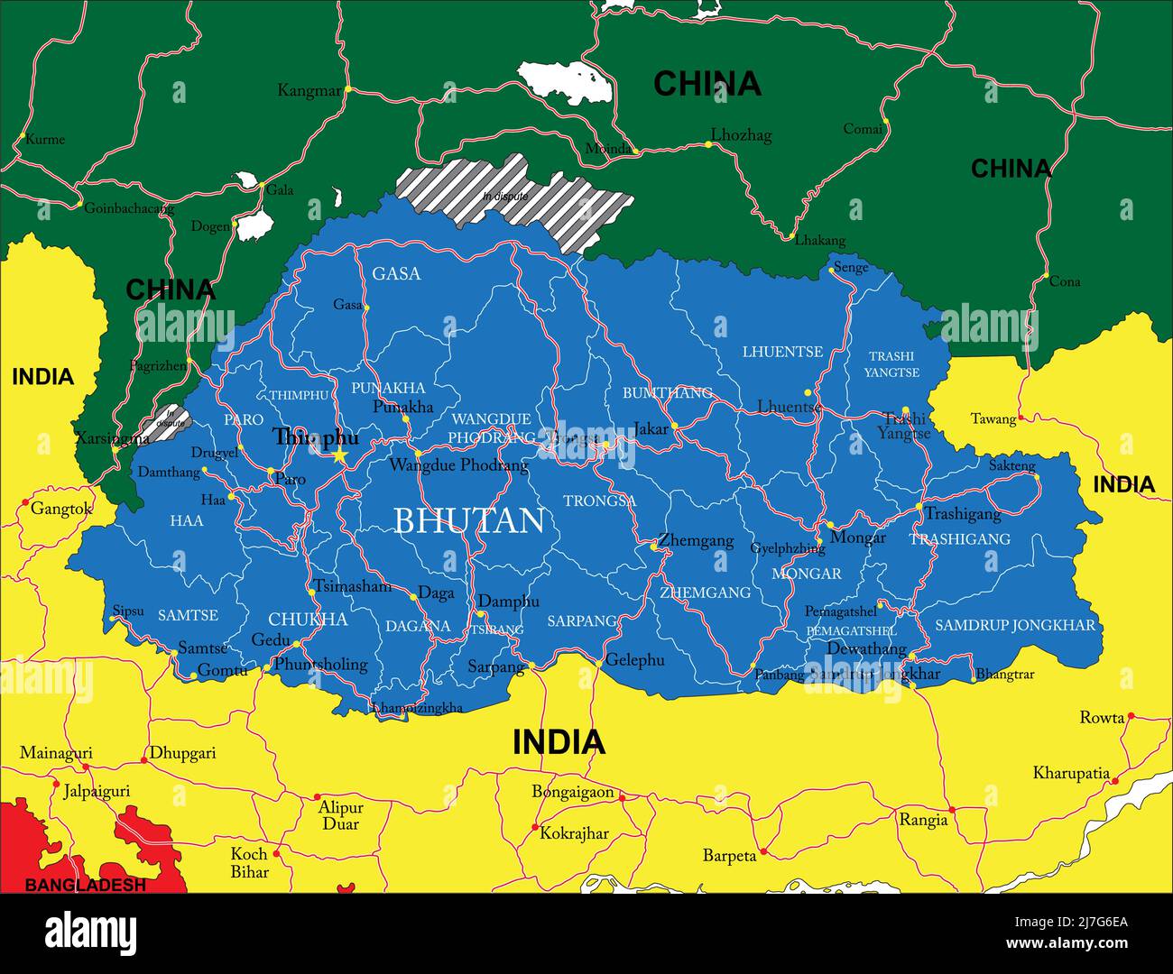 Highly detailed vector map of Bhutan with administrative regions, main ...