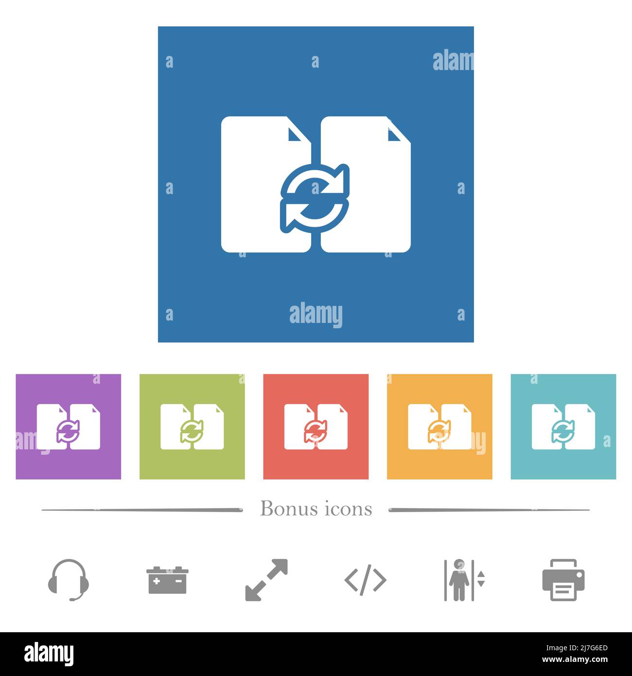 Swap documents solid flat white icons in square backgrounds. 6 bonus ...