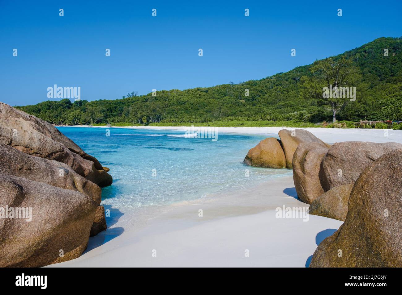 Anse Cocos beach, La Digue Island, Seyshelles, Drone aerial view of La ...