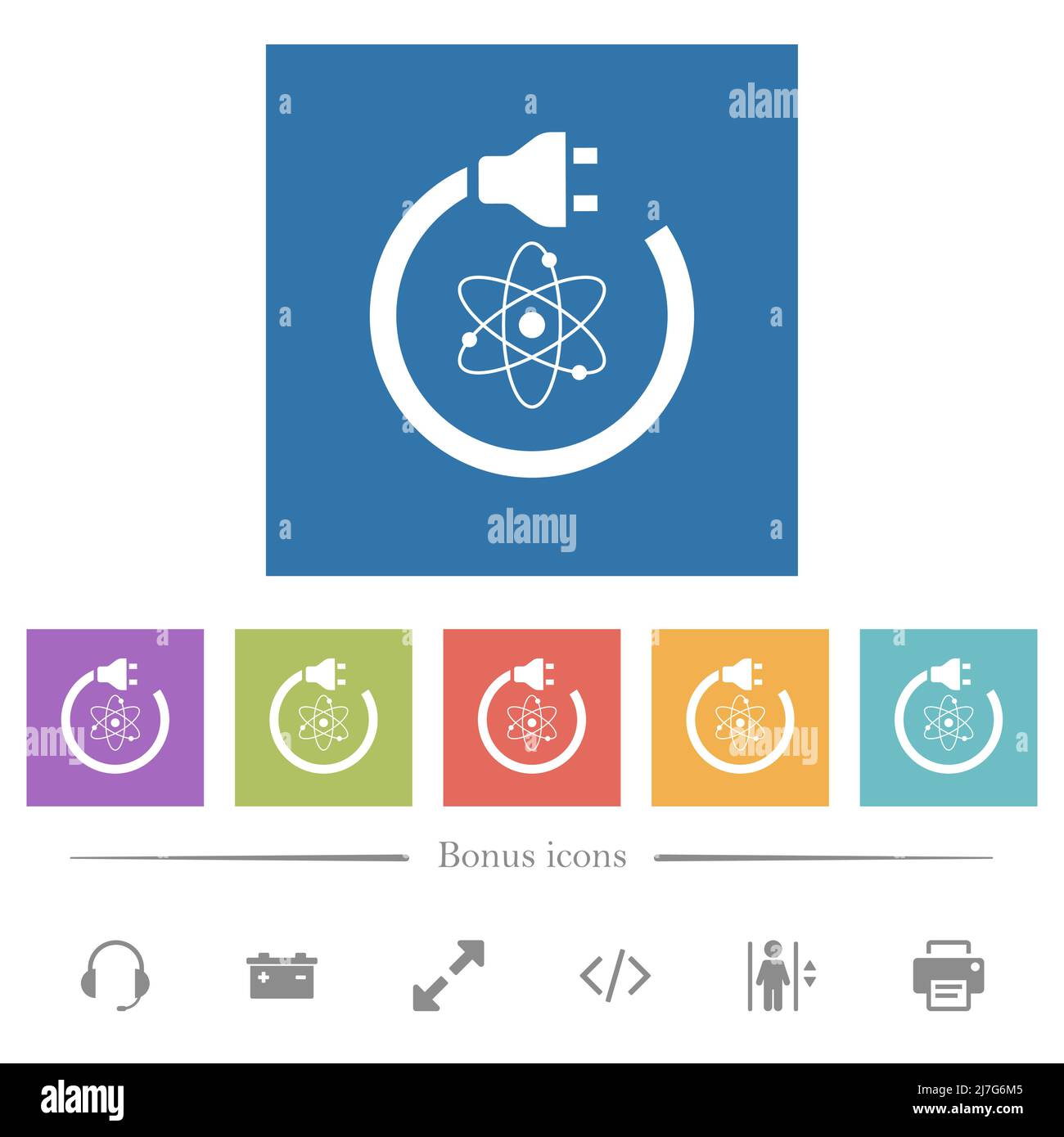 Atomic energy flat white icons in square backgrounds. 6 bonus icons ...