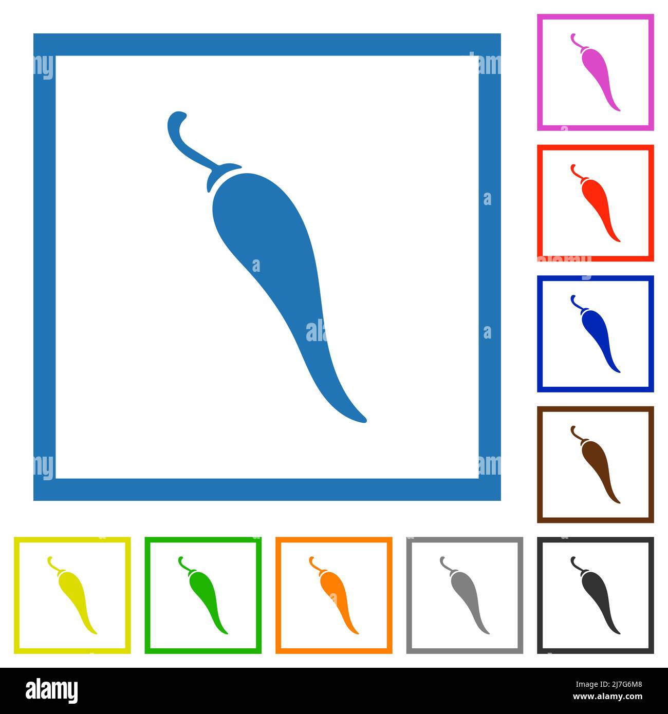 Chili pepper solid flat color icons in square frames on white ...