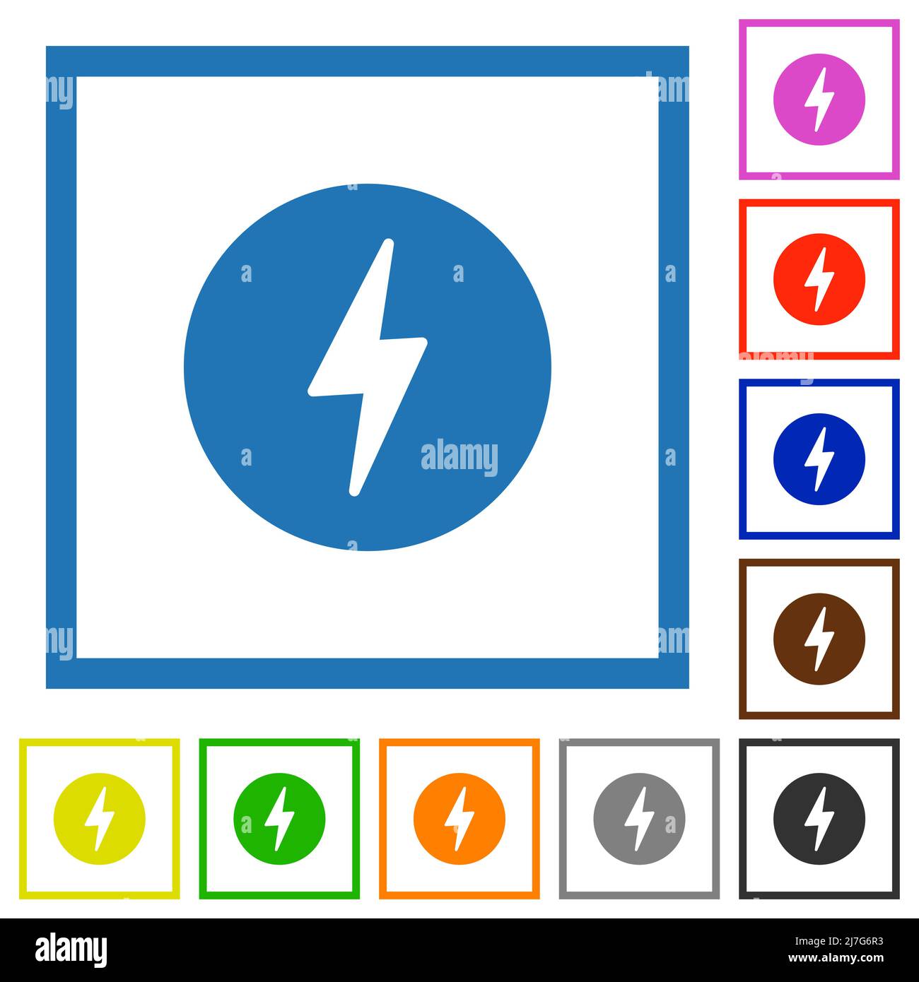 Lightning in circle solid flat color icons in square frames on white ...