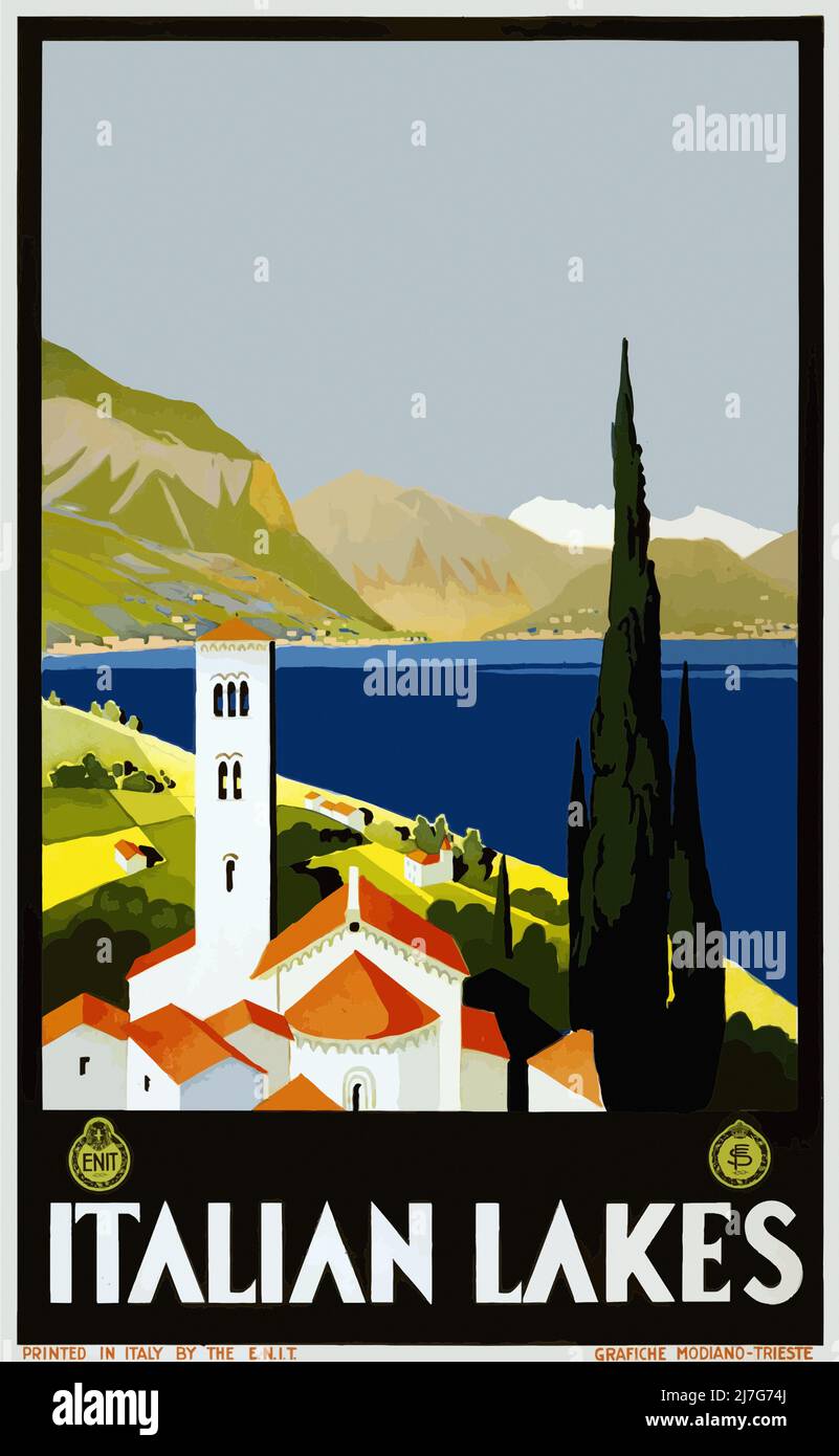 Vintage 1930s Travel Poster - Lake Garda. Travel poster - shows view of ...