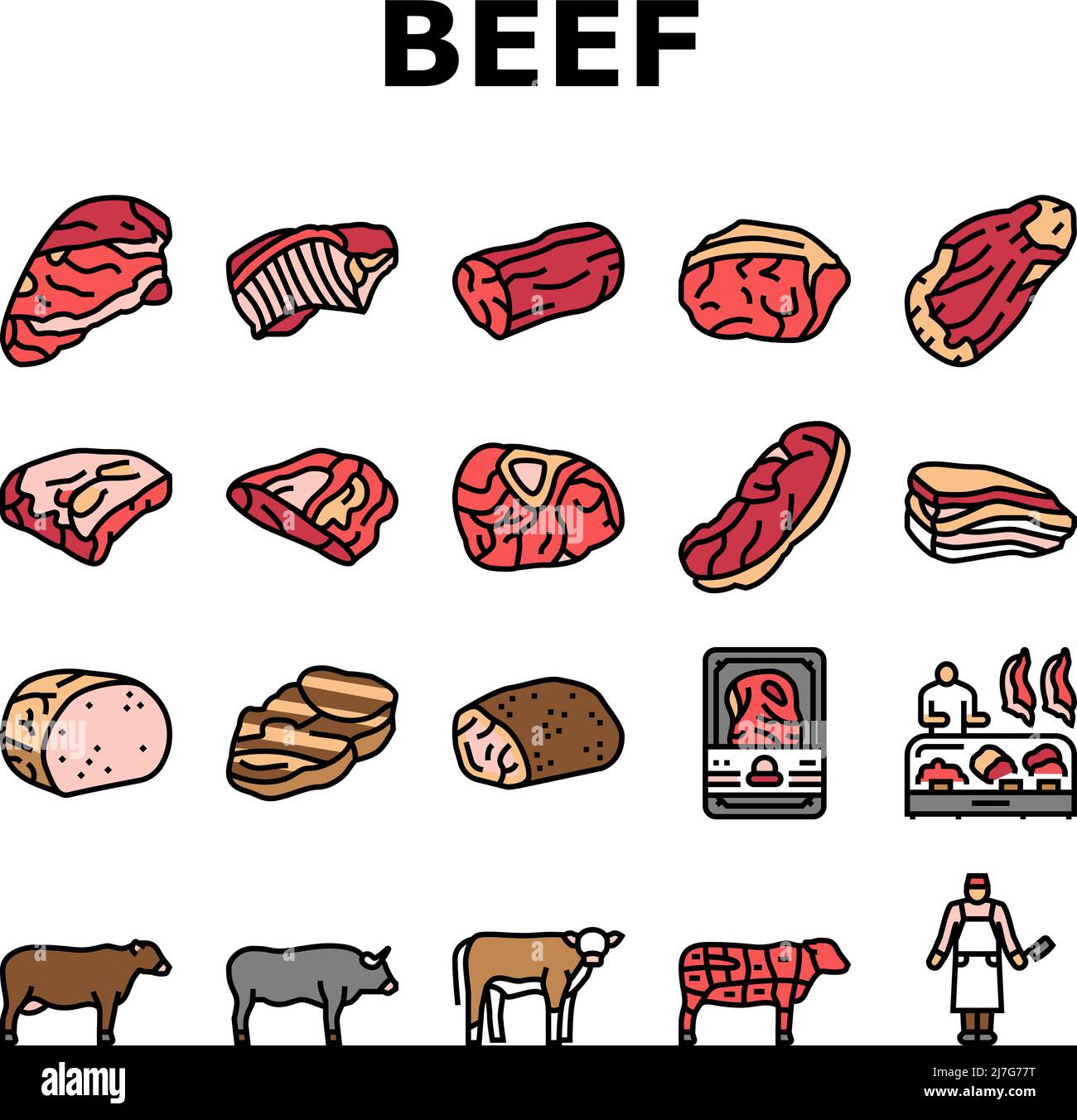 Beef Meat Nutrition Production Icons Set Vector Stock Vector Image ...