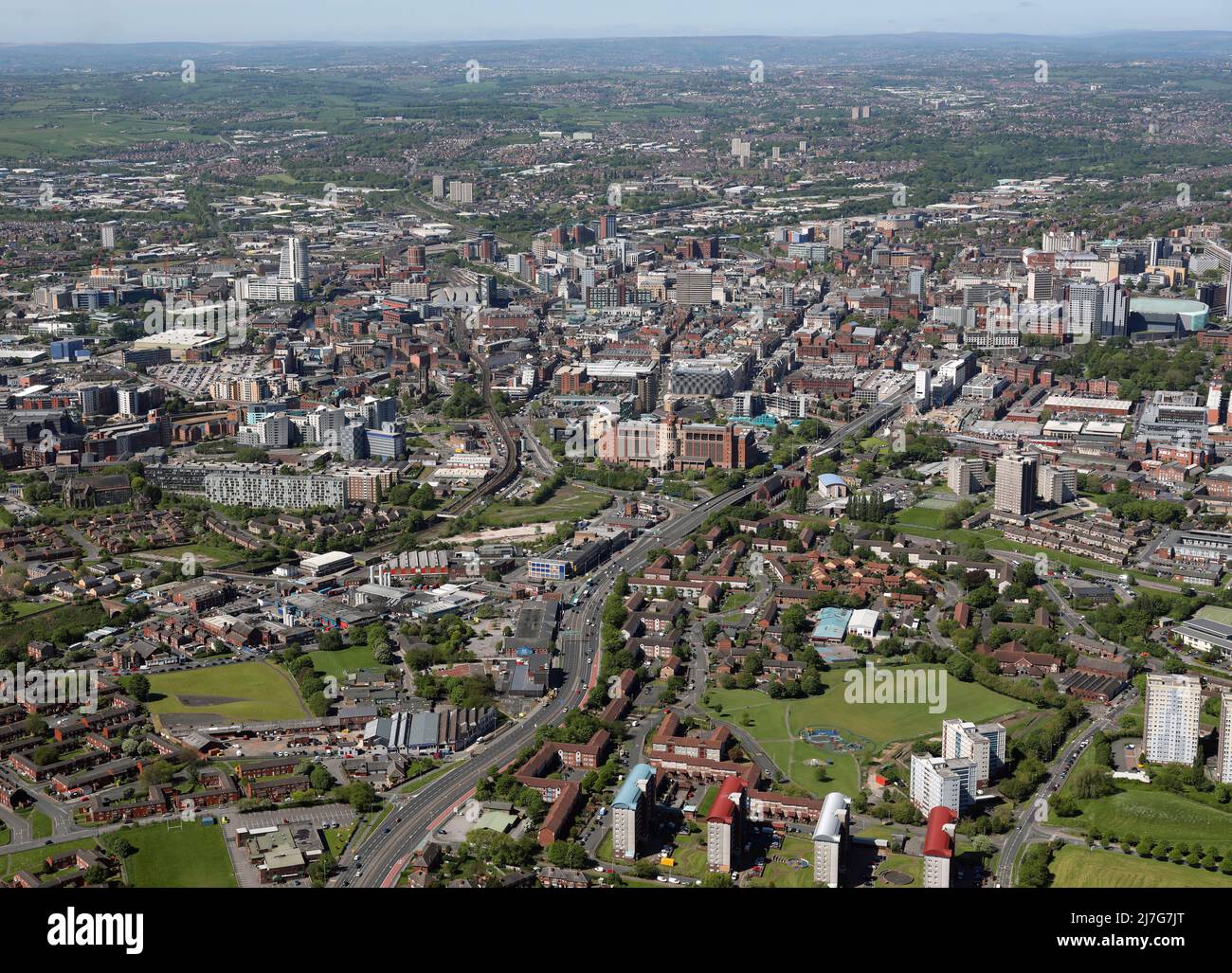 Aerial view of the city of Leeds from the east looking west up the A64 ...