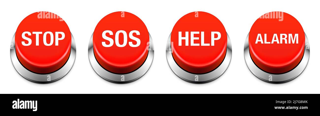 Red buzzer button vector set. Stop, SOS, Help, and Alarm realistic ...
