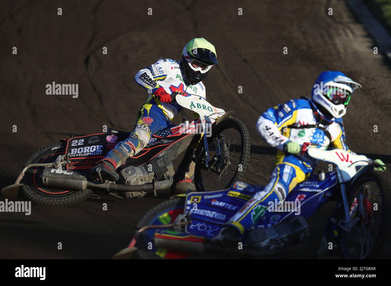 Heat 6, Luke Becker (yellow helmet, Dackarna) in the speedway match in ...
