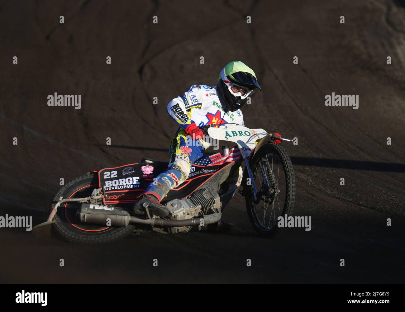 Heat 6, Luke Becker (yellow helmet, Dackarna) in the speedway match in ...