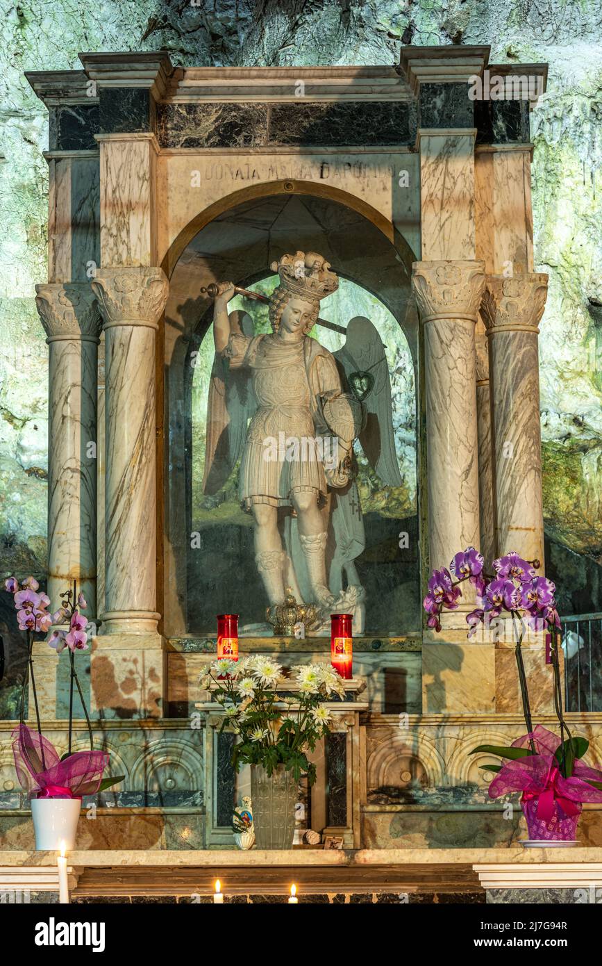Statue of the Archangel Michael placed over the high altar in the cave ...