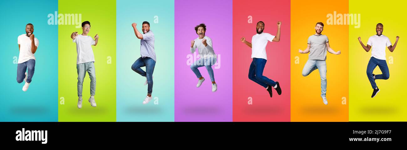 Joyful young men jumping up on colorful backgrounds, collage Stock ...