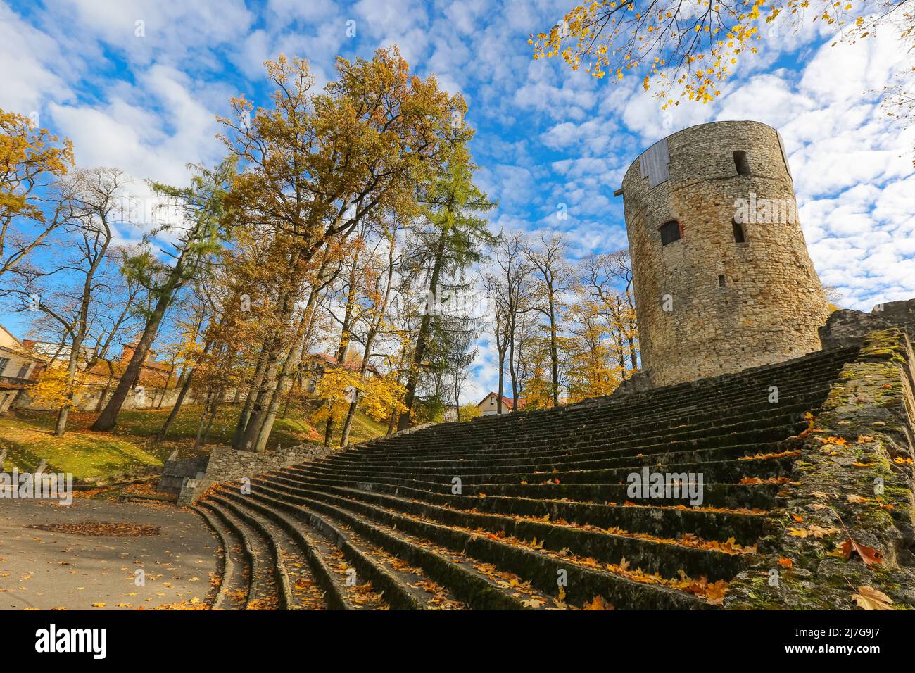 Autumn park and abandoned castle in the latvian town Cesis, which has a ...