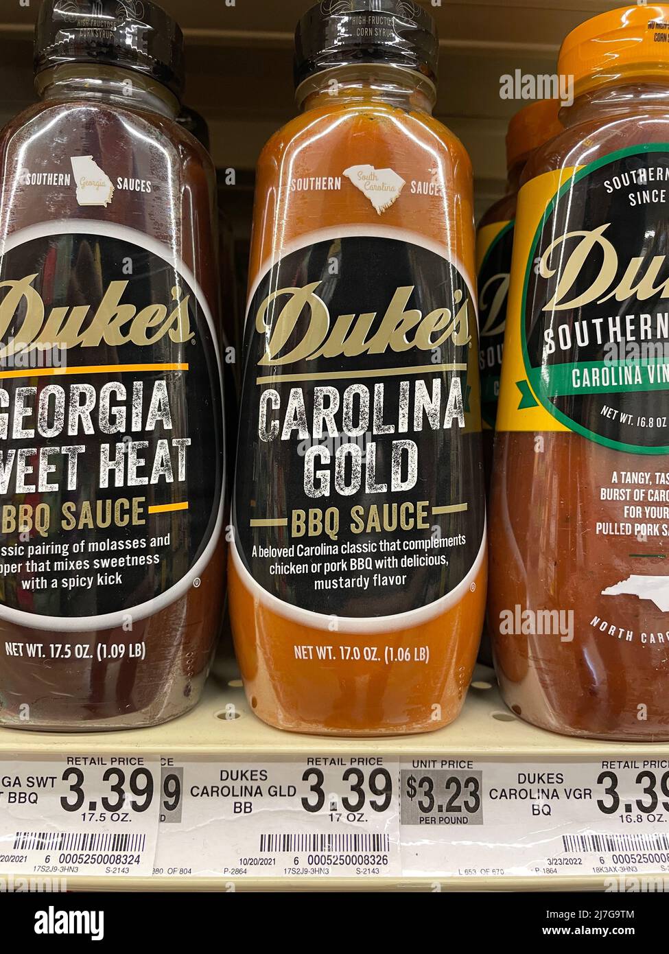 Grovetown, Ga USA - 04 15 22: Retail store shelf Dukes BBQ sauce ...
