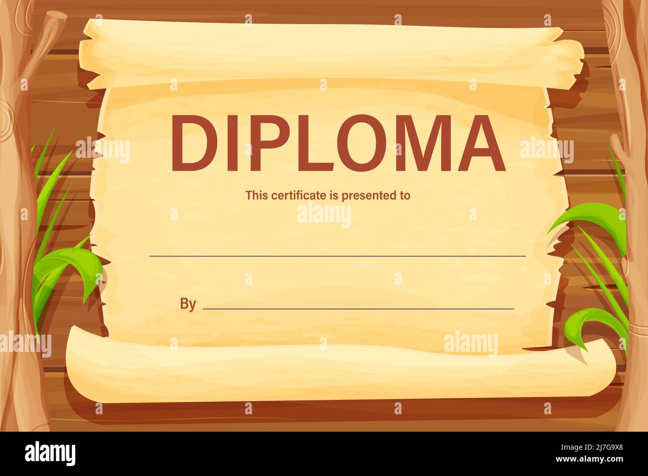Diploma, child certificate on wooden background with parchment and ...