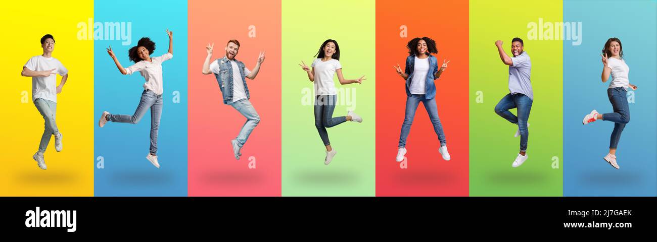 Joyful diverse people jumping up on colorful backgrounds, collage Stock ...