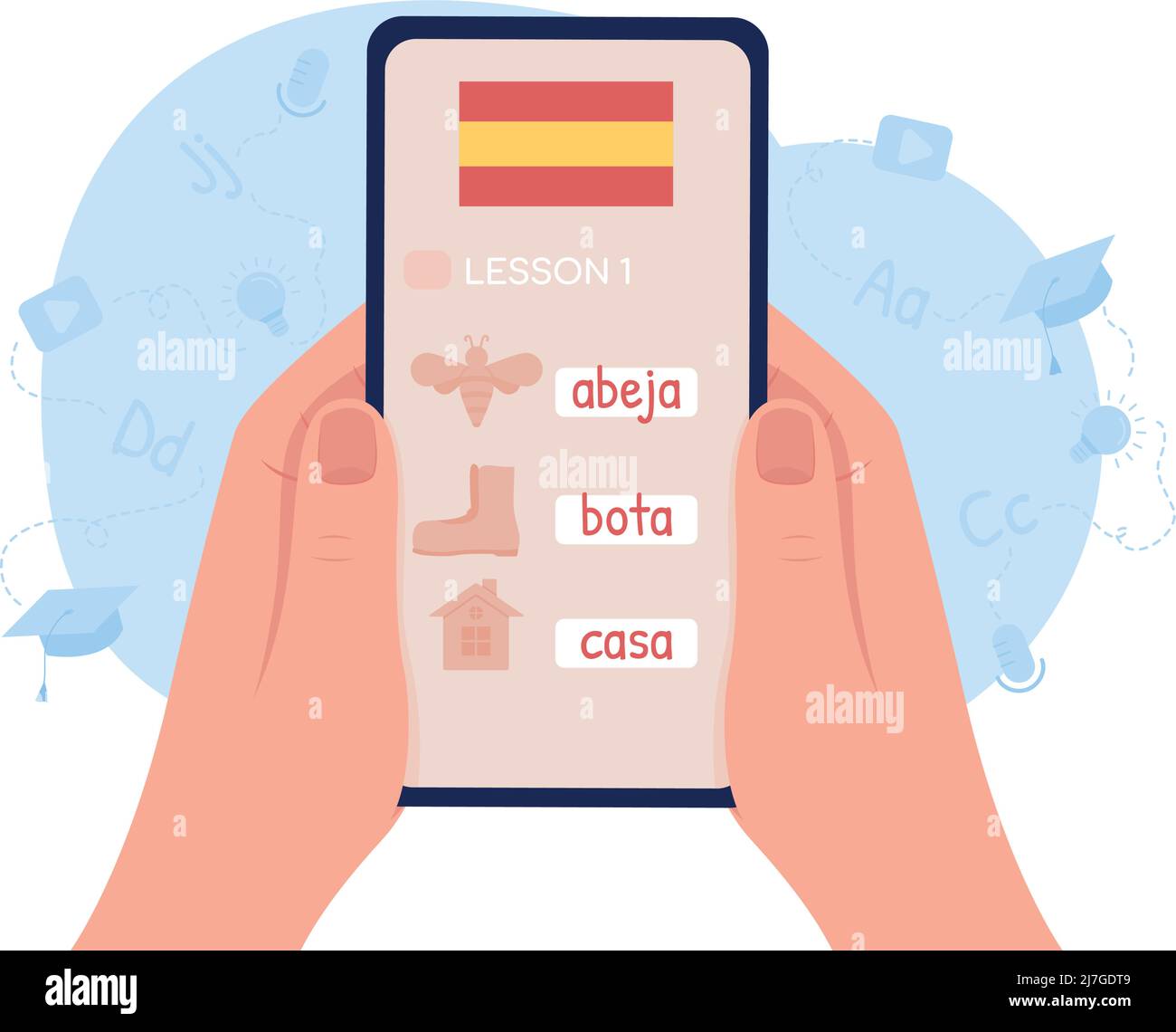 Studying Spanish language online 2D vector isolated illustration Stock ...