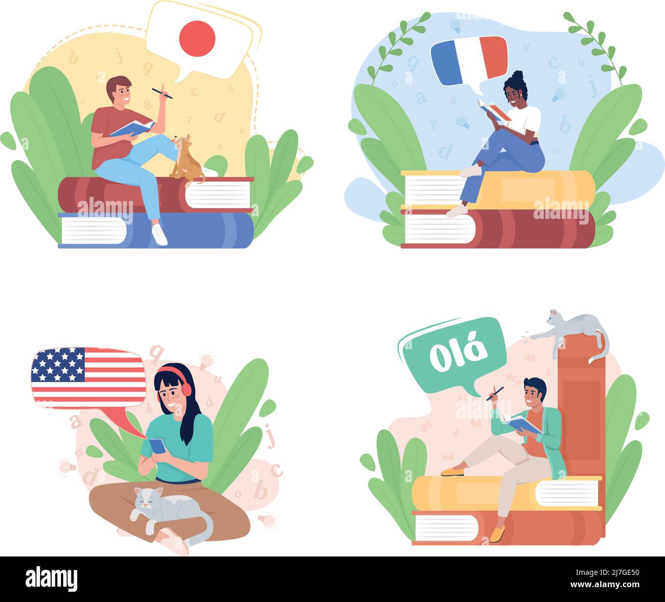 Exciting about learning language 2D vector isolated illustration set ...