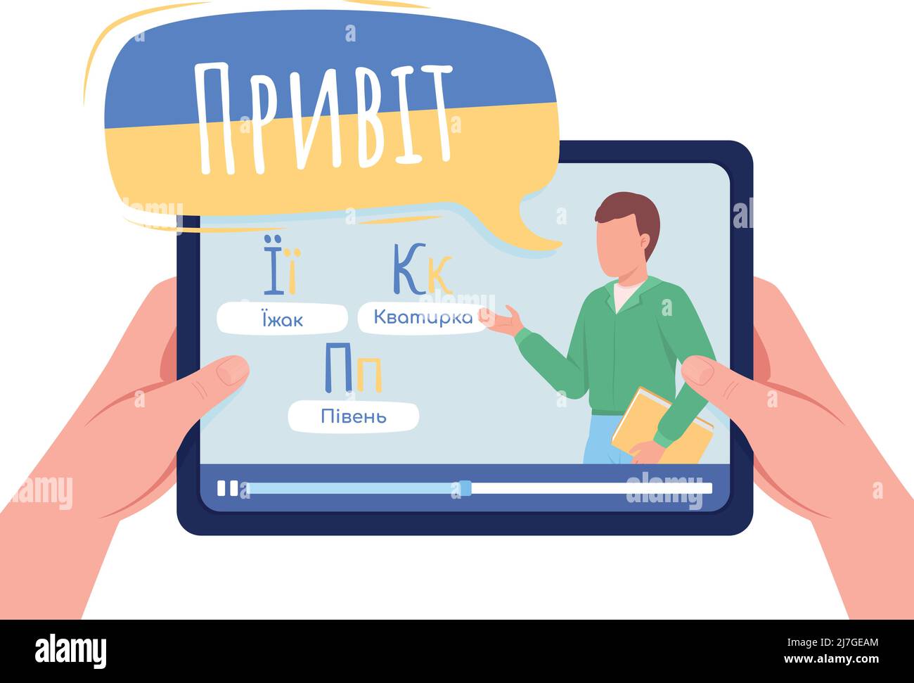 Student learning Ukrainian language with online tutor semi flat color ...