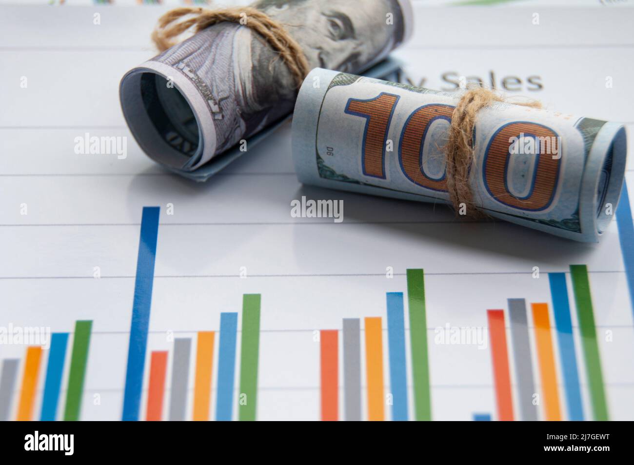 Analysis of data, chart and graphs with bank notes background. Business ...