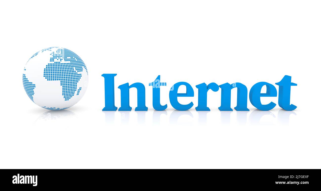 Blue typography of the word Internet and symbol of planet earth in ...