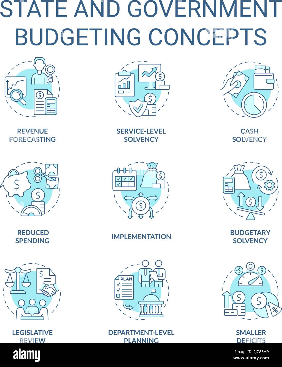State and government budgeting turquoise concept icons set Stock Vector ...
