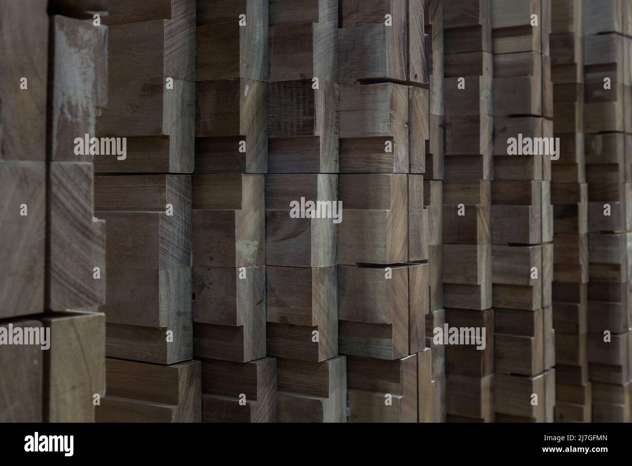 Lateral view of Wood that has been processed and cut, neatly arranged ...