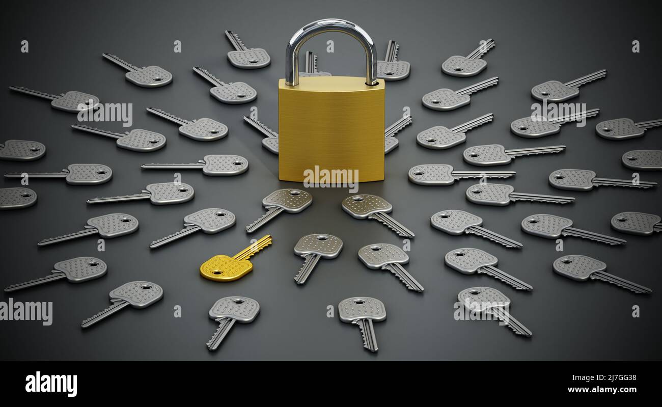 One golden key among many iron keys. 3D illustration Stock Photo - Alamy