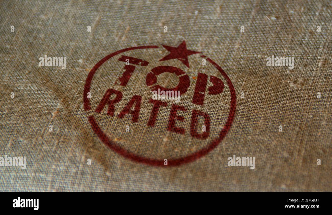 Top rated stamp printed on linen sack. Bestseller and sale promotion ...