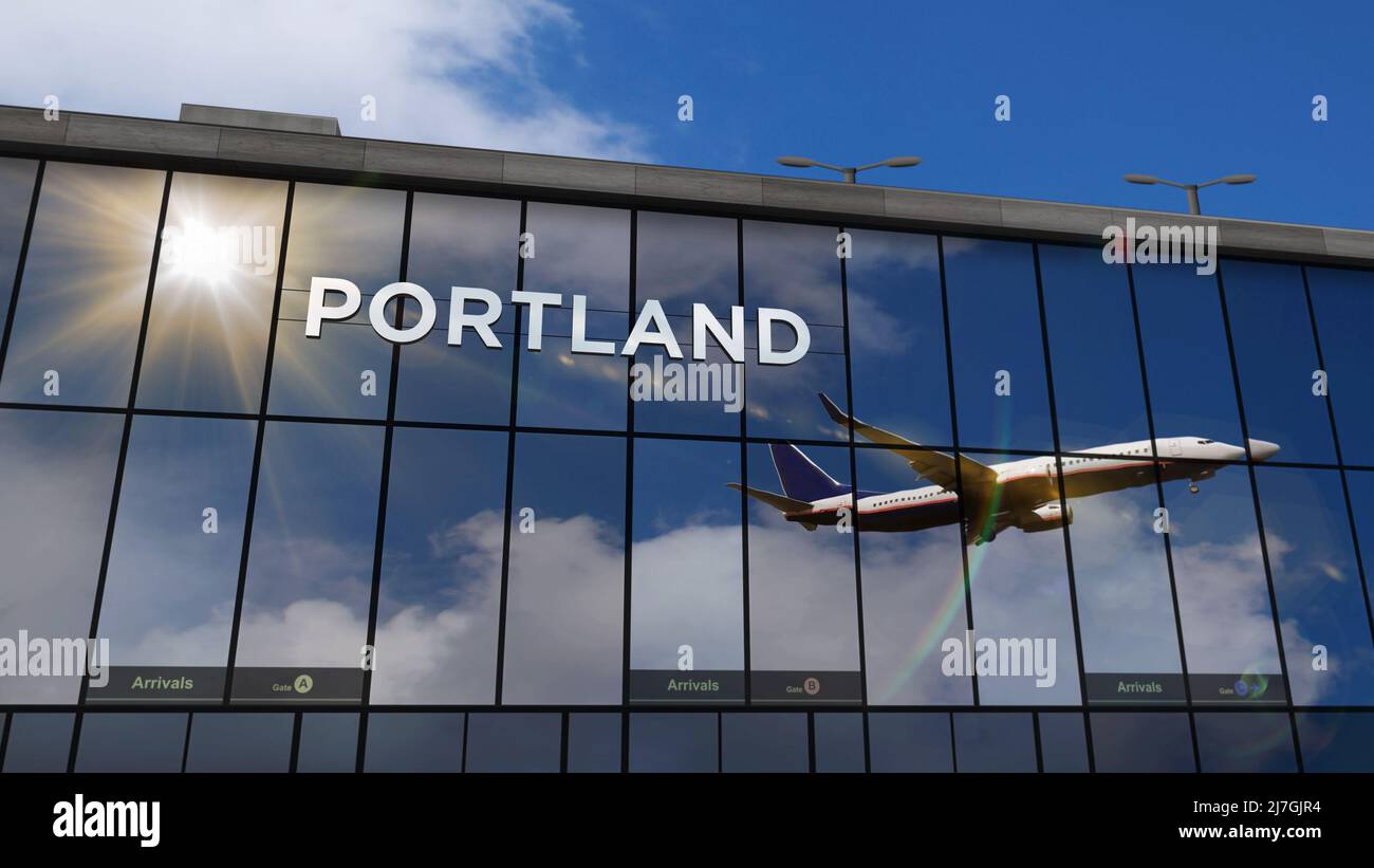 Aircraft landing at Portland, Oregon, USA 3D rendering illustration ...
