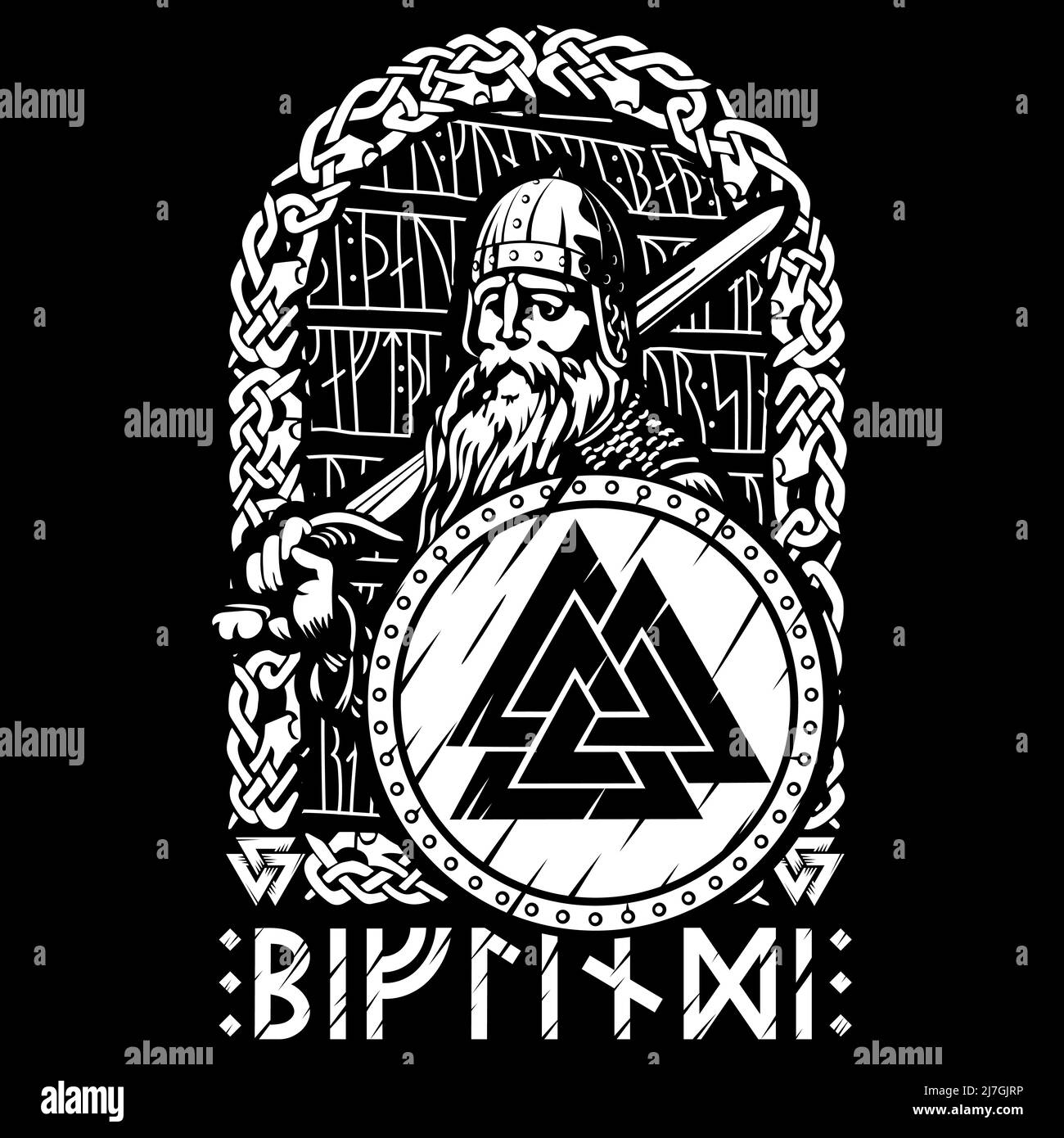 Design in Old Norse style. Ancient Norse God Wotan with sword and ...