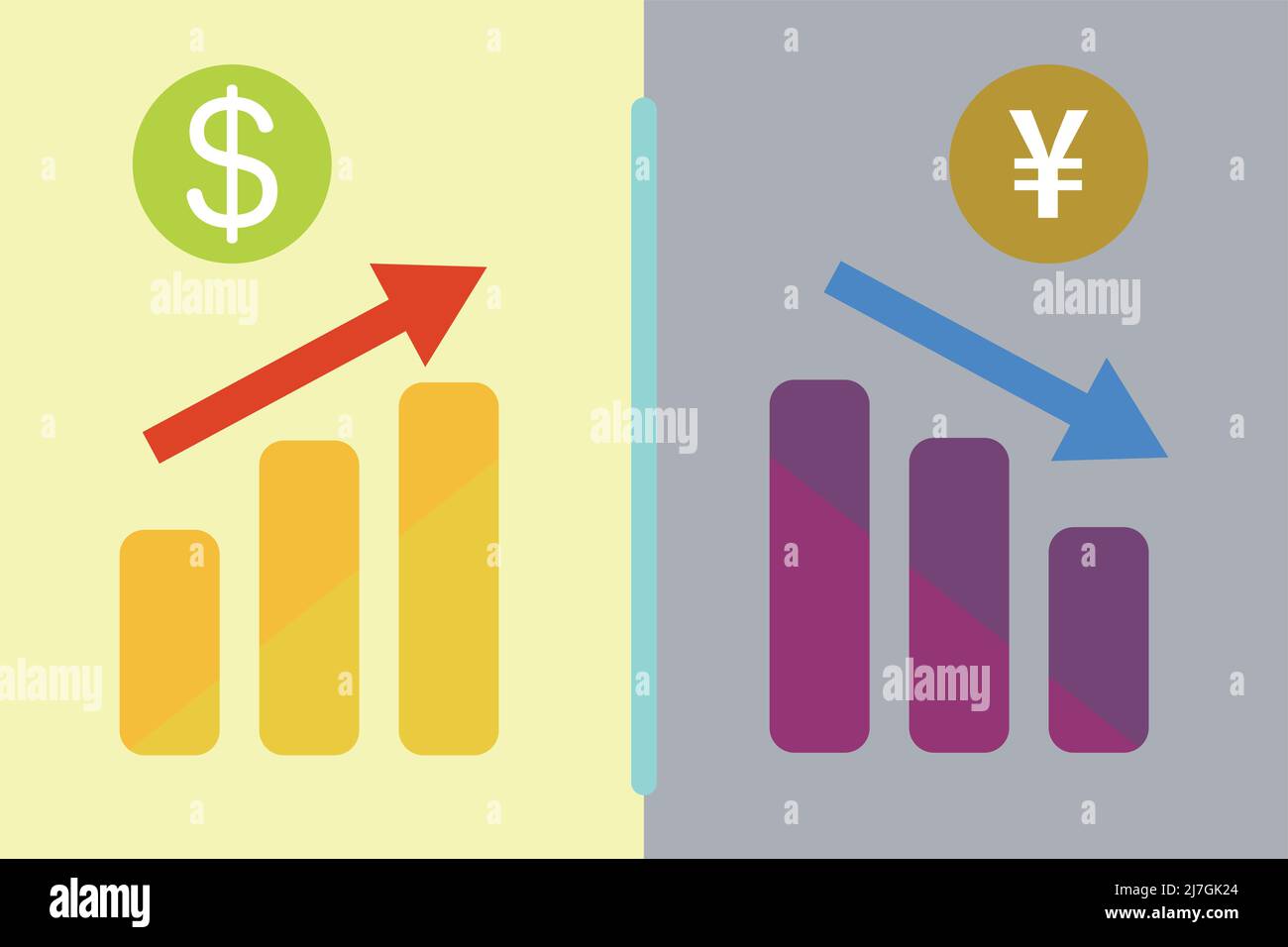 Dollar price up and yen price down. Bar graph icon and arrow graph icon ...