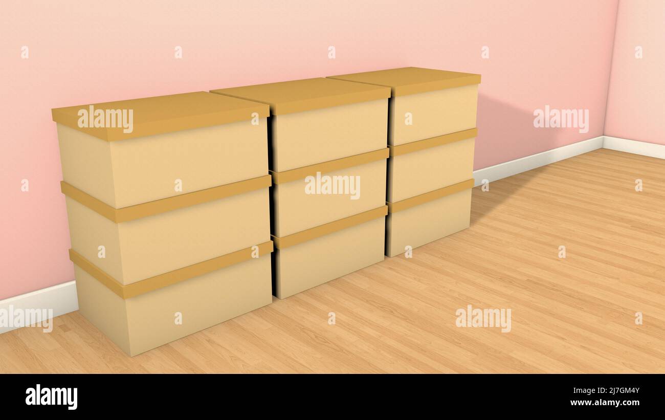 3d rendering of cardboard boxes lined up in a warehouse room Stock ...