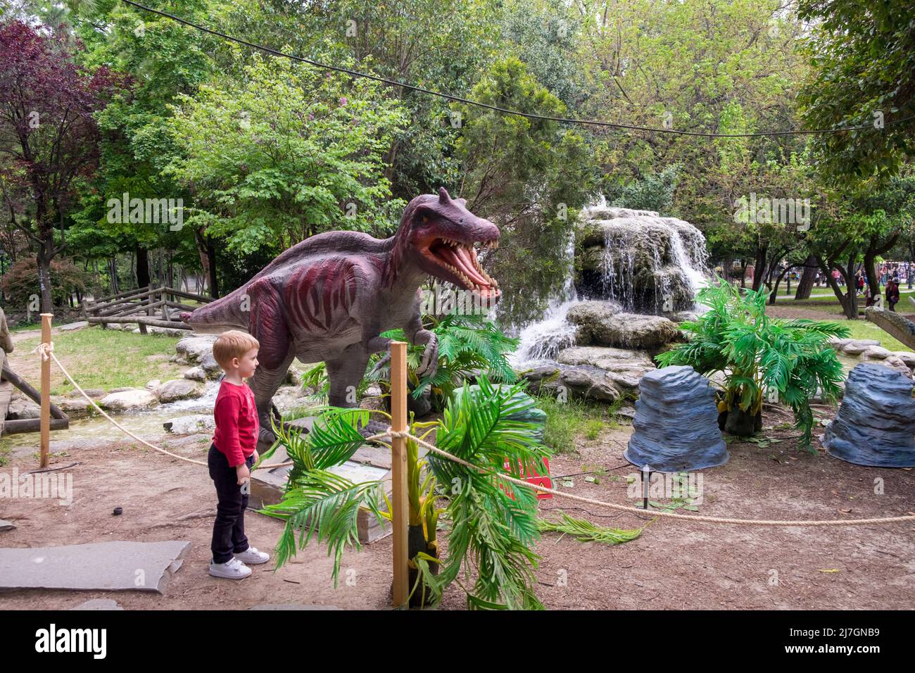 Cute little boy staring dinosaurs in a dinosaur festival Stock Photo ...