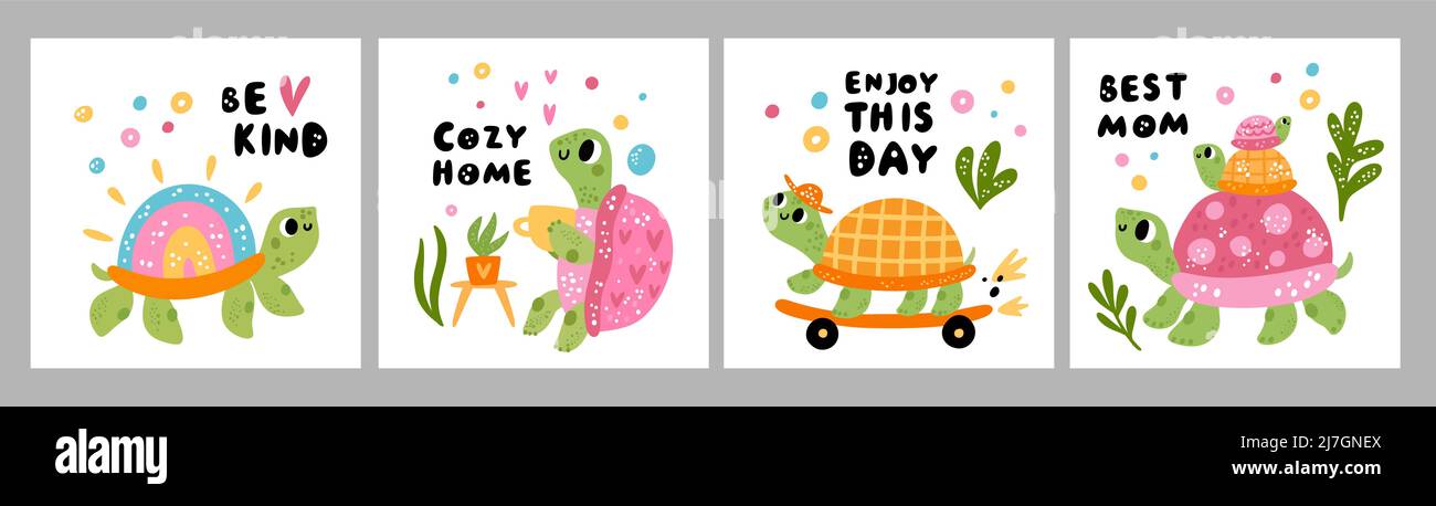 Cartoon turtle cards. Cute animals characters. Reptiles riding ...