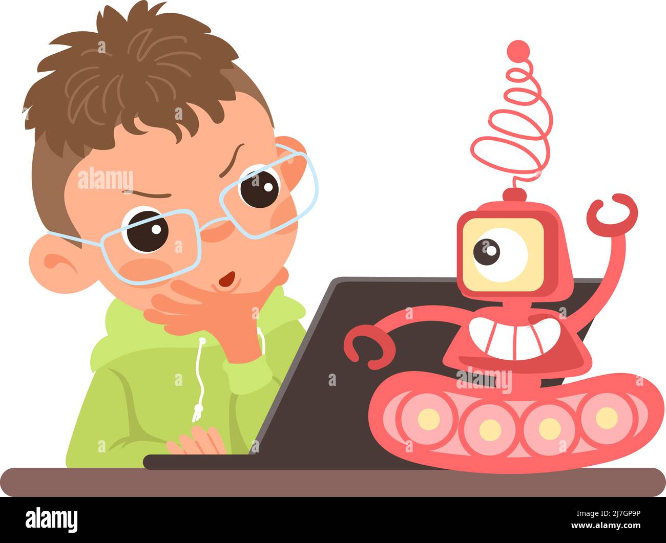 Children assemble robot. Boy with robotic toy and laptop. Kid ...