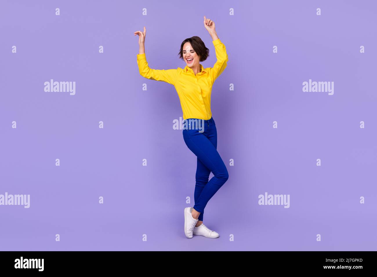 Full size photo of nice millennial lady dance wear smart casual ...