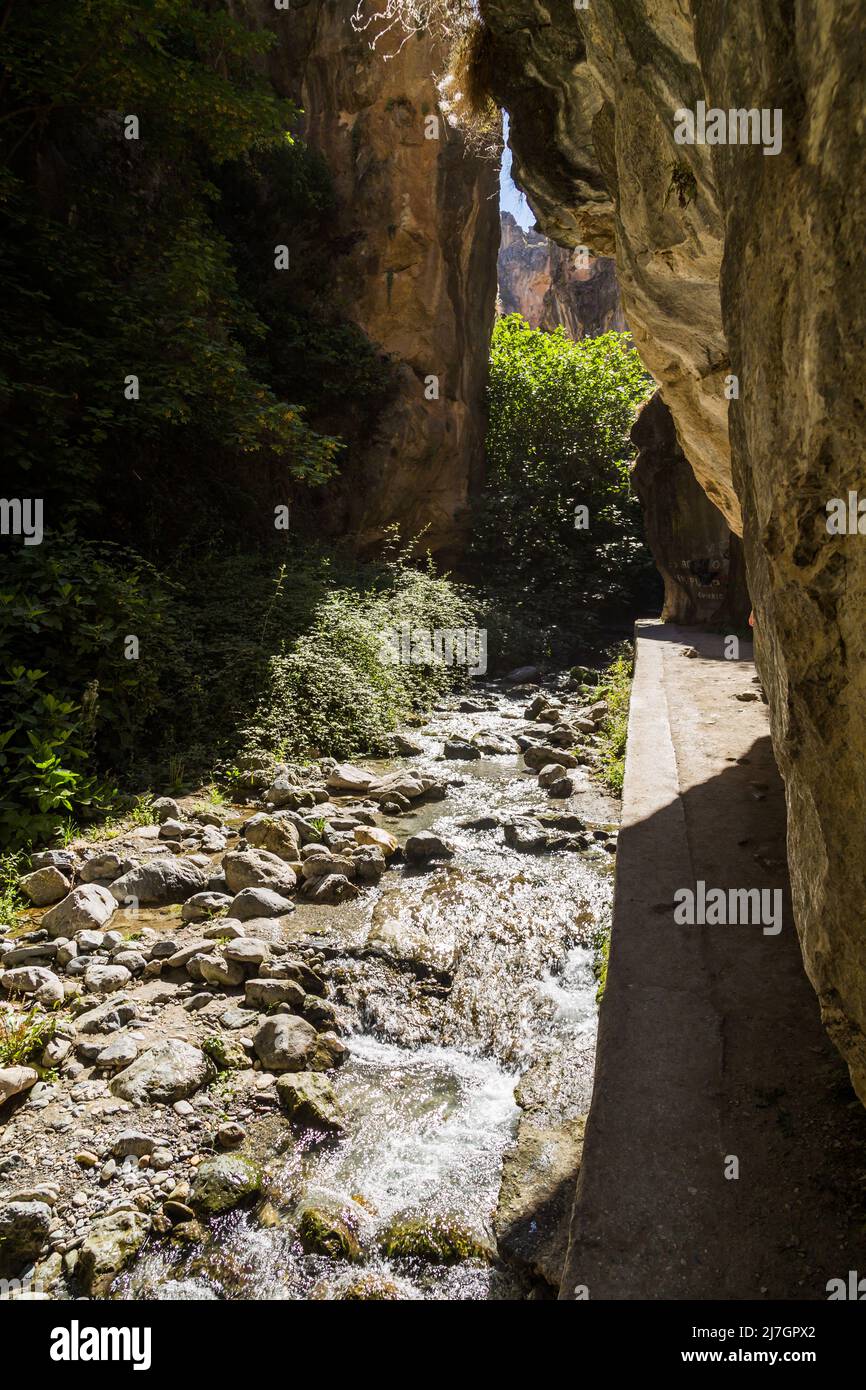 Hiking the Los Cahorros trail through a gorge with a stream near ...