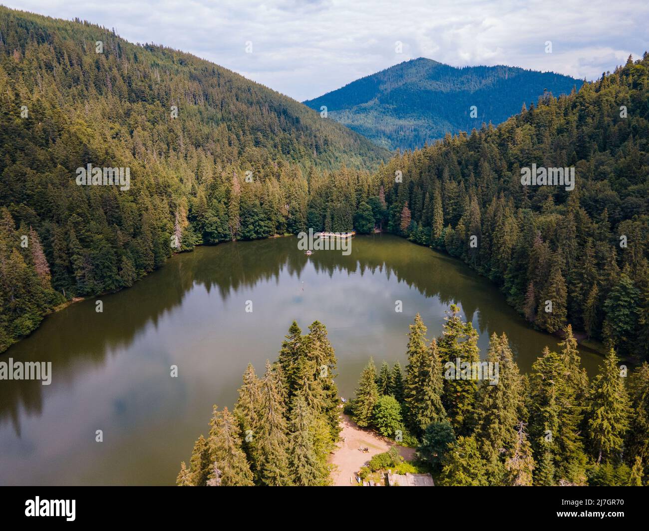 aerial view of synevyr lake in Ukrainian carpathian mountains copy ...