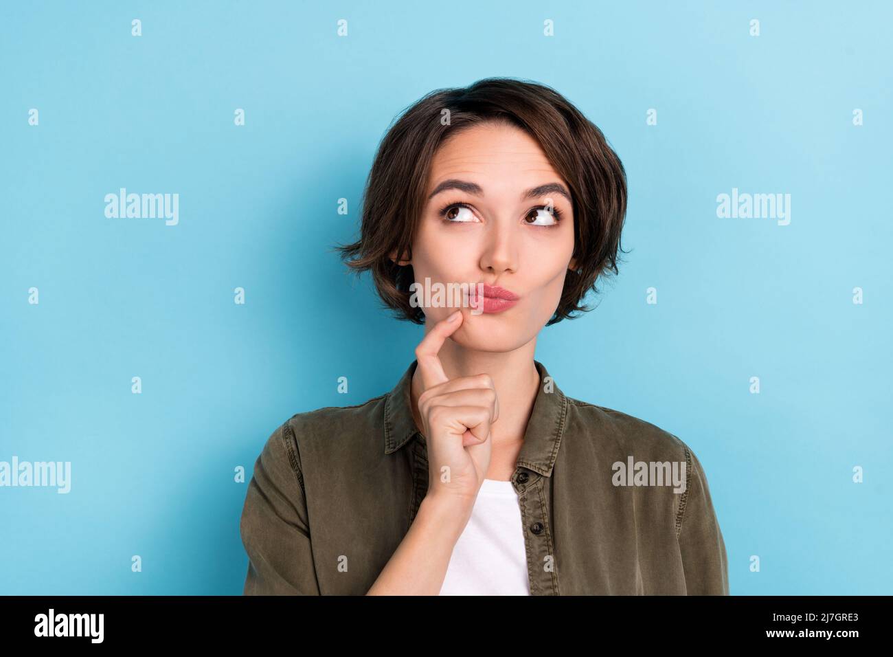Photo Of Lovely Millennial Bob Hairdo Lady Look Promo Wear Khaki Shirt