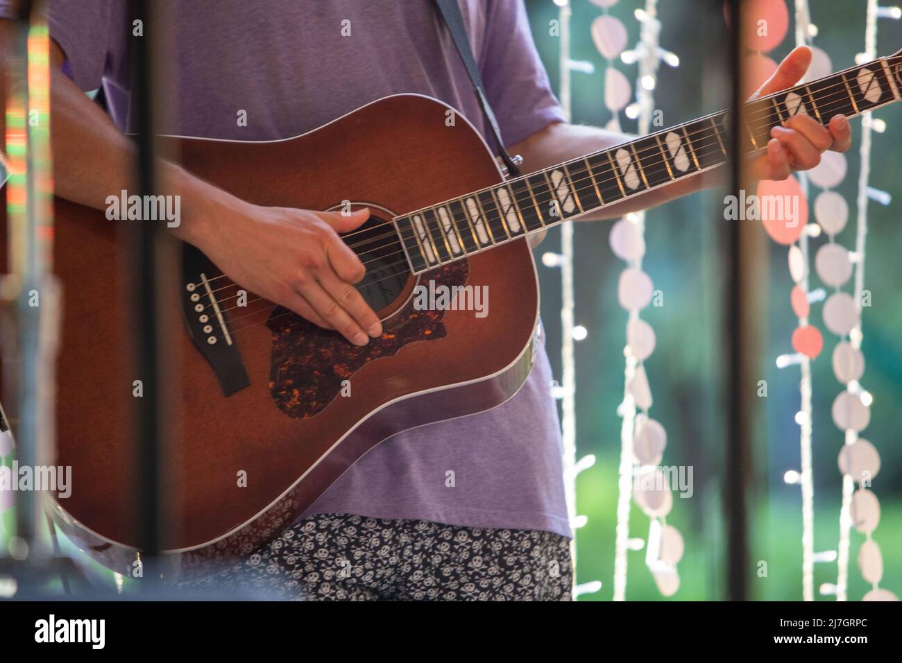 concert instruments drums guitar microphone scene close up Stock Photo ...