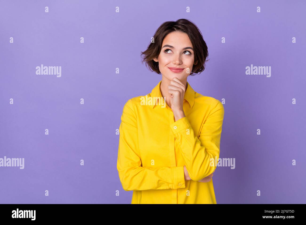 Photo of thinking young lady hand face look up wear formal cloth ...