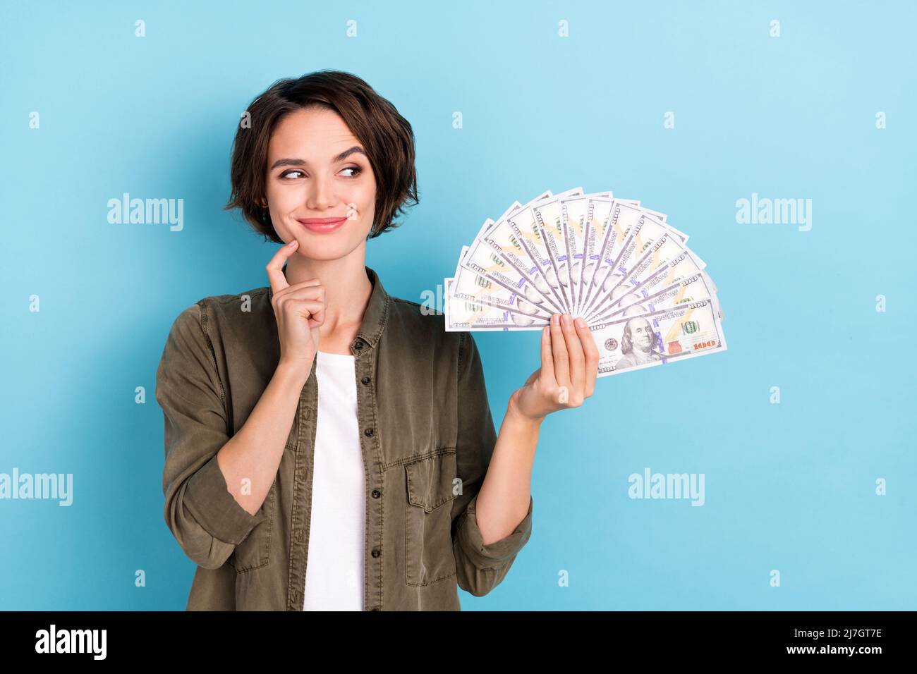 Photo of nice young short hairstyle lady look money wear khaki shirt ...