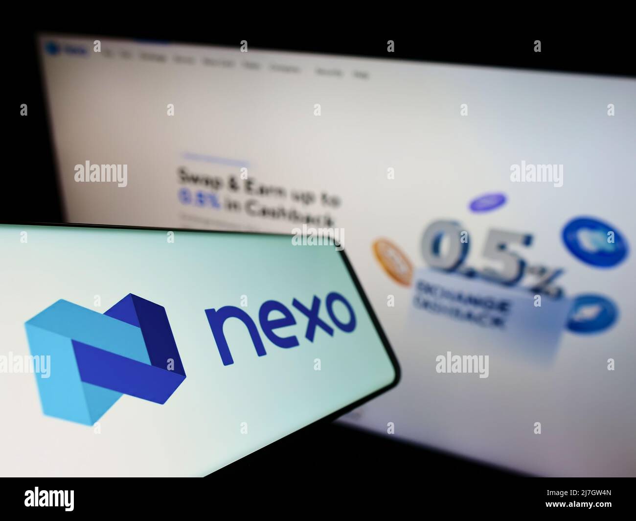 Cellphone with logo of British digital assets company Nexo (nexo.io) on ...