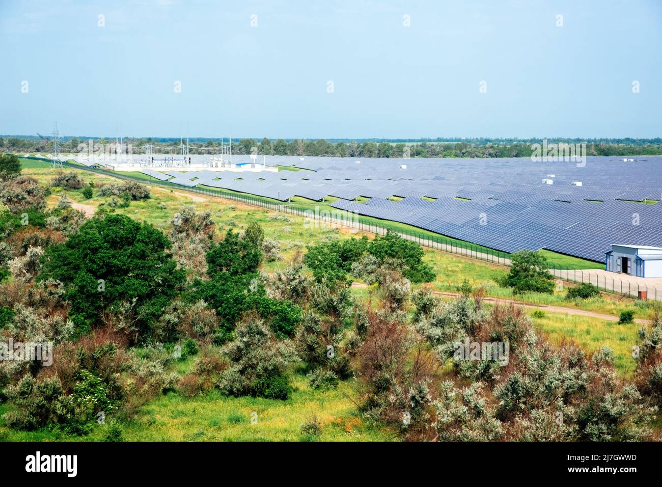 Panoramic view of photovoltaic power station, solar park, solar farm ...