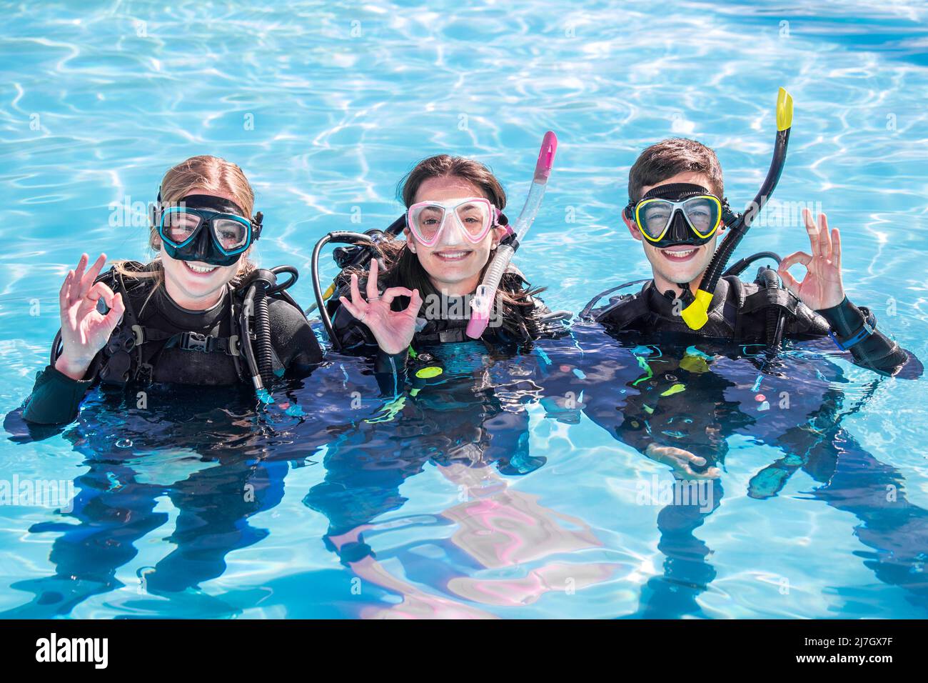 A group of happy scuba divers smiling at the camera with their dive ...