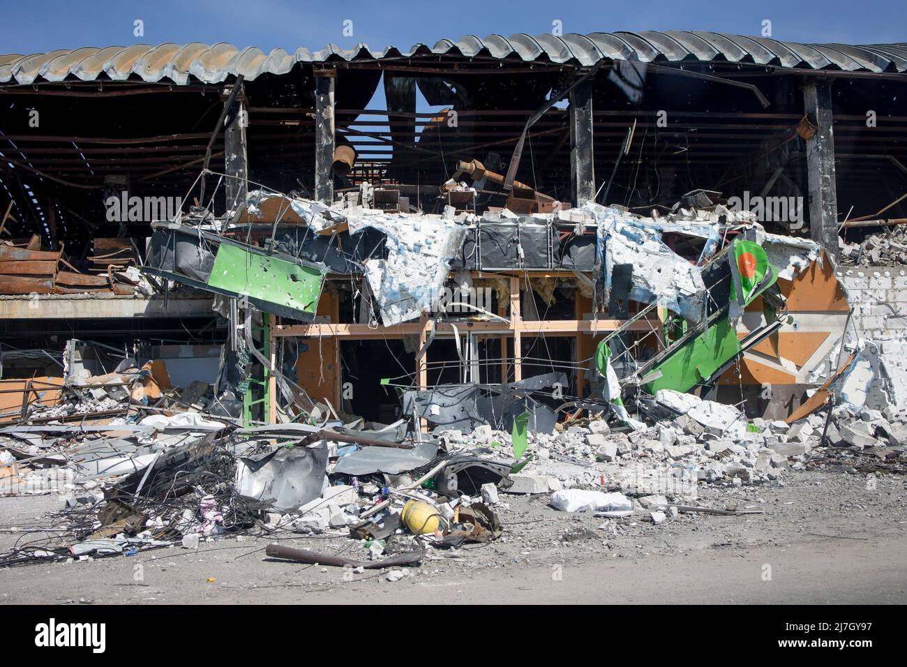 Bucha, Ukraine. 6th May, 2022. Local shops are completely destroyed by ...