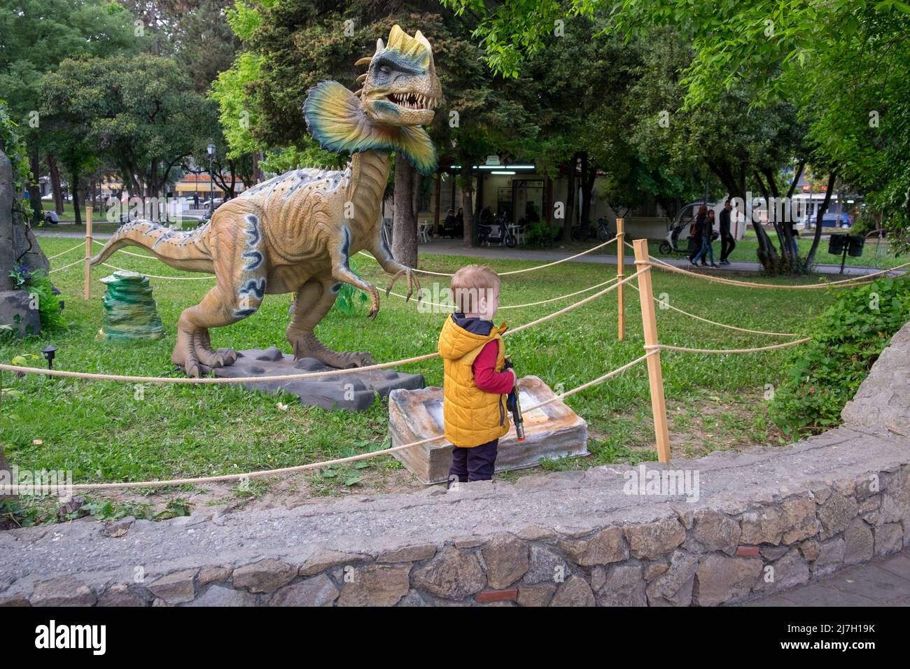 Cute little boy staring dinosaurs in a dinosaur festival Stock Photo ...