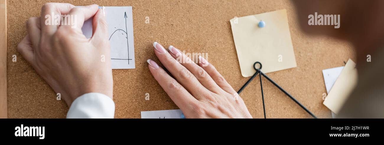 partial view of blurred banker pinning paper notes on corkboard, banner ...